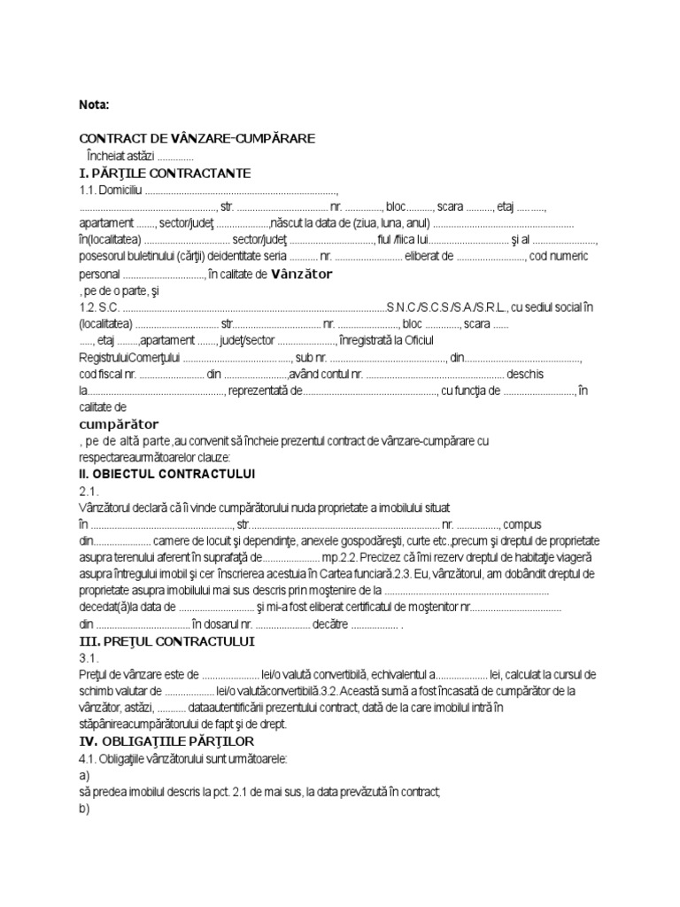 Contract de Vânzare - Cumpărare A Unui Imobil Tip Locuință | PDF