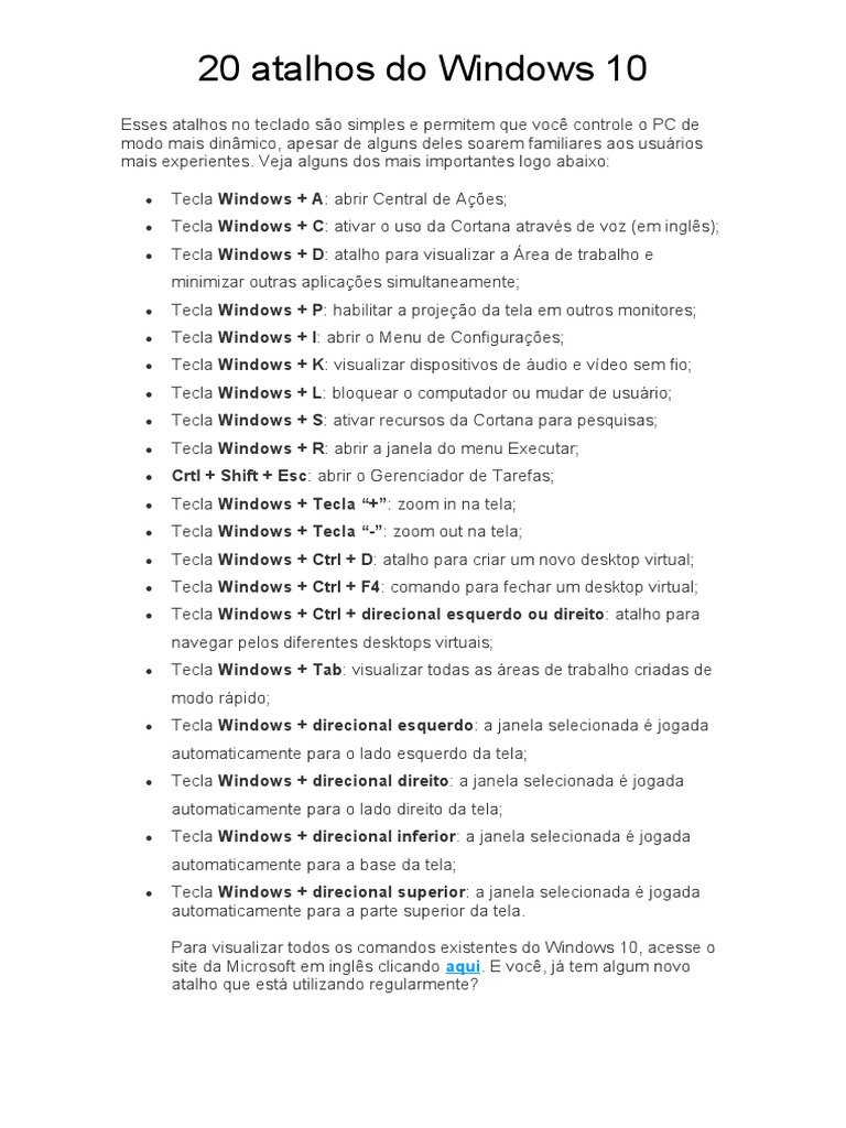 20 Atalhos Do Windows 10 | PDF