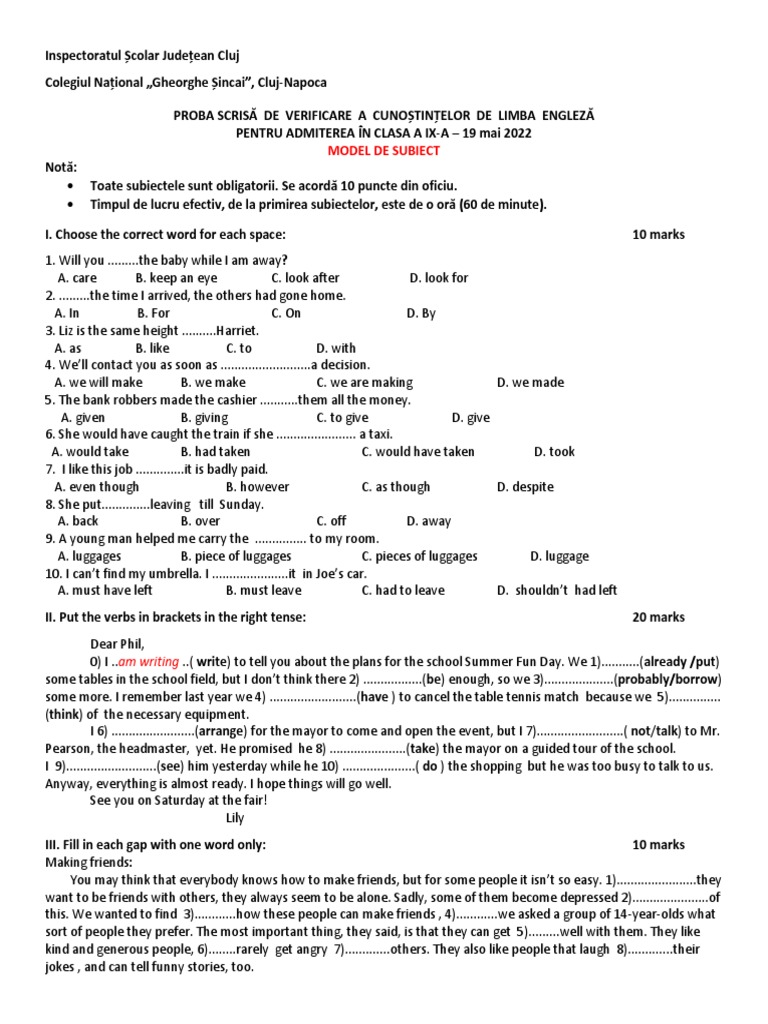 1 MODEL Subiect Proba Engleza Admitere IX 2022 | PDF