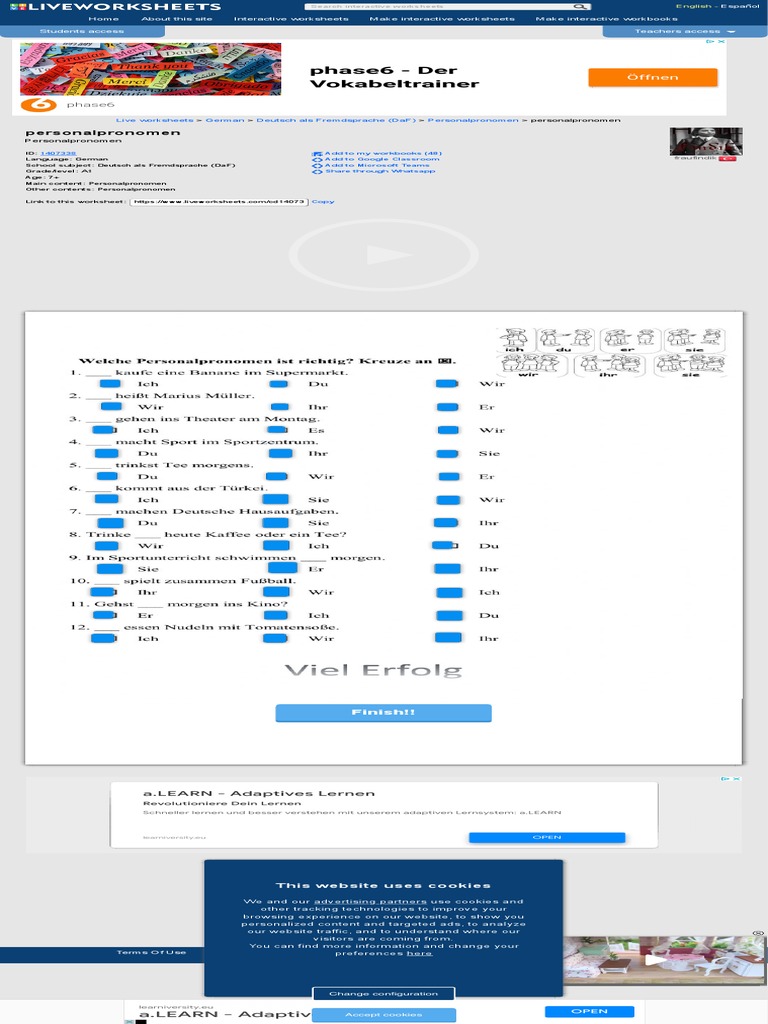Personalpronomen Online Exercise For A1 | PDF | Http Cookie | Cyberspace
