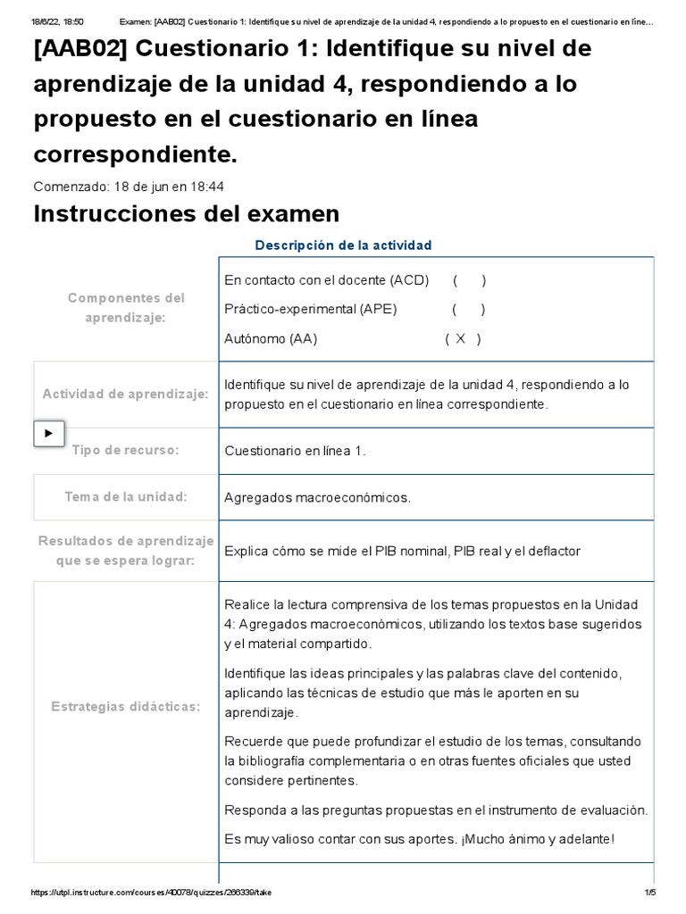Examen - (AAB02) Cuestionario 1 - Identifique Su Nivel de Aprendizaje ...