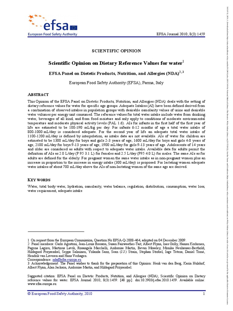 EFSA Journal - 2010 - Scientific Opinion On Dietary Reference Values For Water | PDF