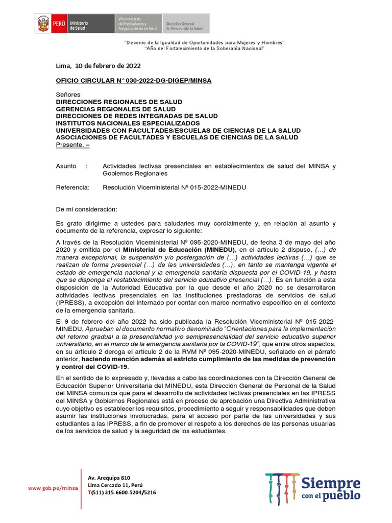 Oficio Circular #030-2022-Dg-Digep-Minsa | PDF | Educación más alta | Ministerio (Departamento ...