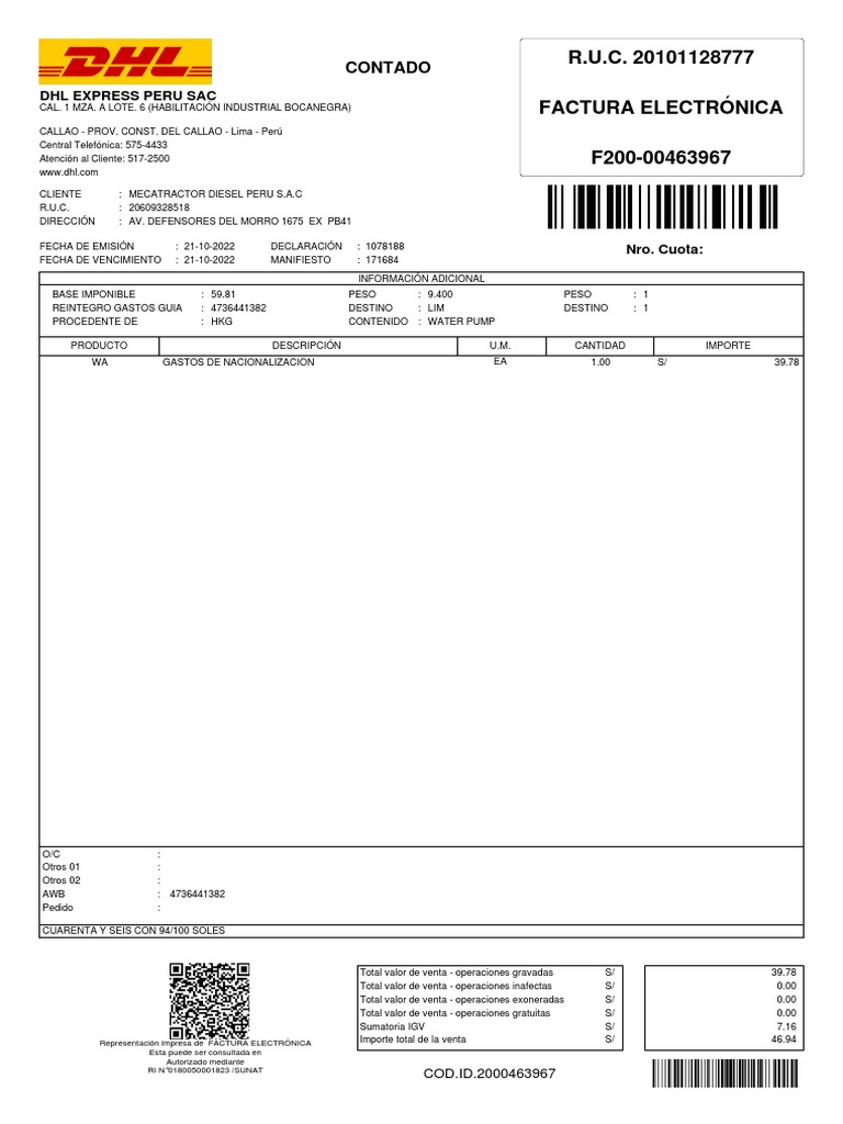 Contado: DHL Express Peru Sac | PDF | Industrias de servicio | Pagos