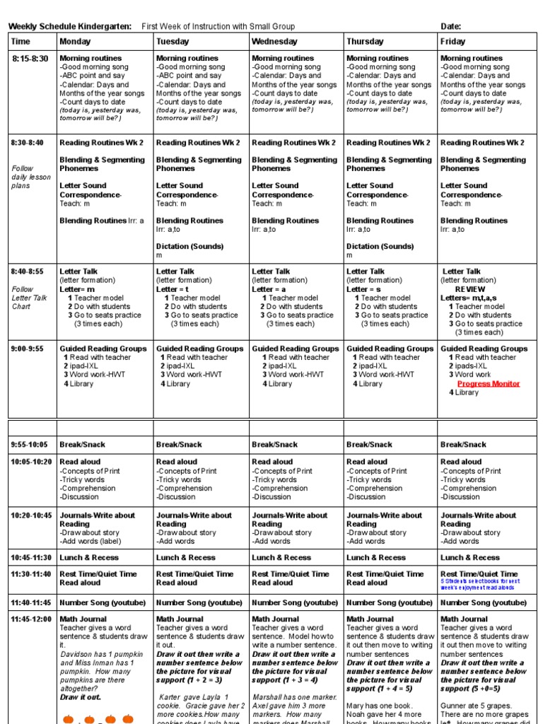 Miss Inman Kindergarten Weekly Schedule | PDF