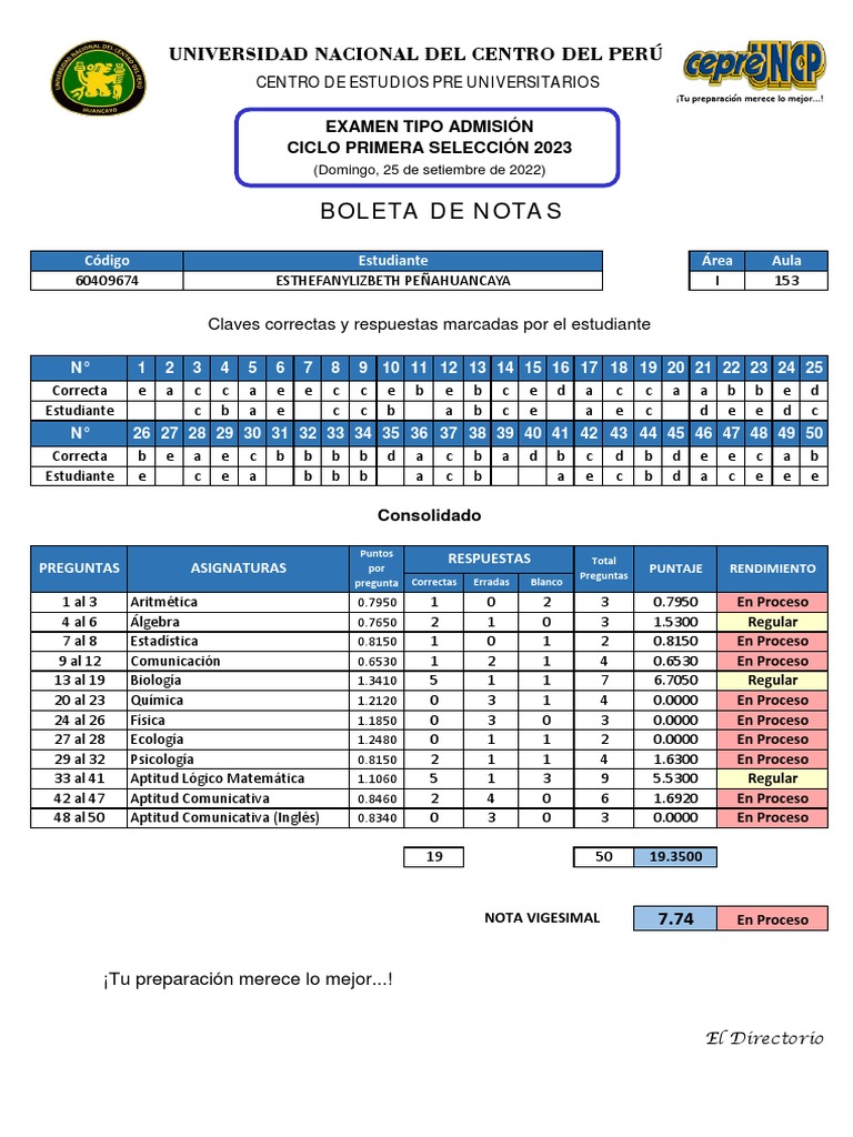 Boleta de Notas: Universidad Nacional Del Centro Del Perú | PDF