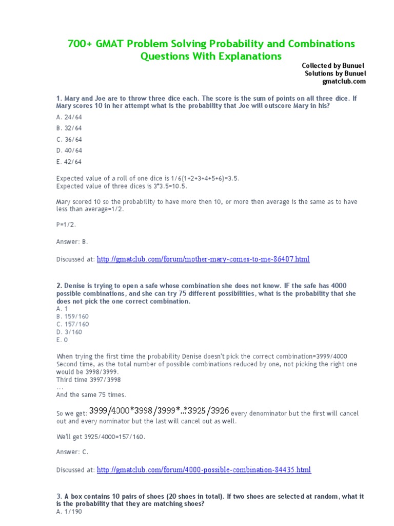 700+ GMAT Problem Solving Probability and Combinations Questions With ...