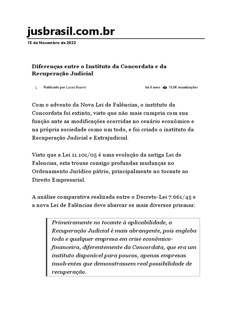 Diferenças Entre o Instituto Da Concordata e Da Recuperação Judicial ...