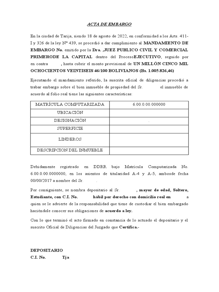 Modelo de Acta de Embargo Civil | PDF