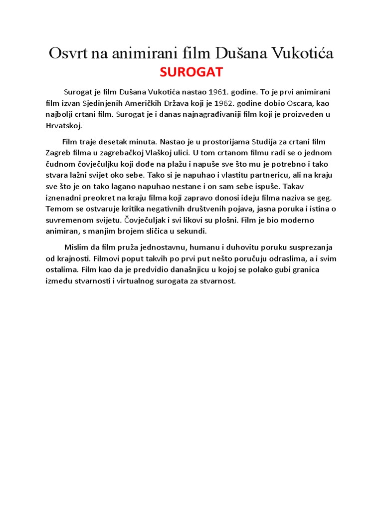 Osvrt Na Animirani Film Dušana Vukotića | PDF