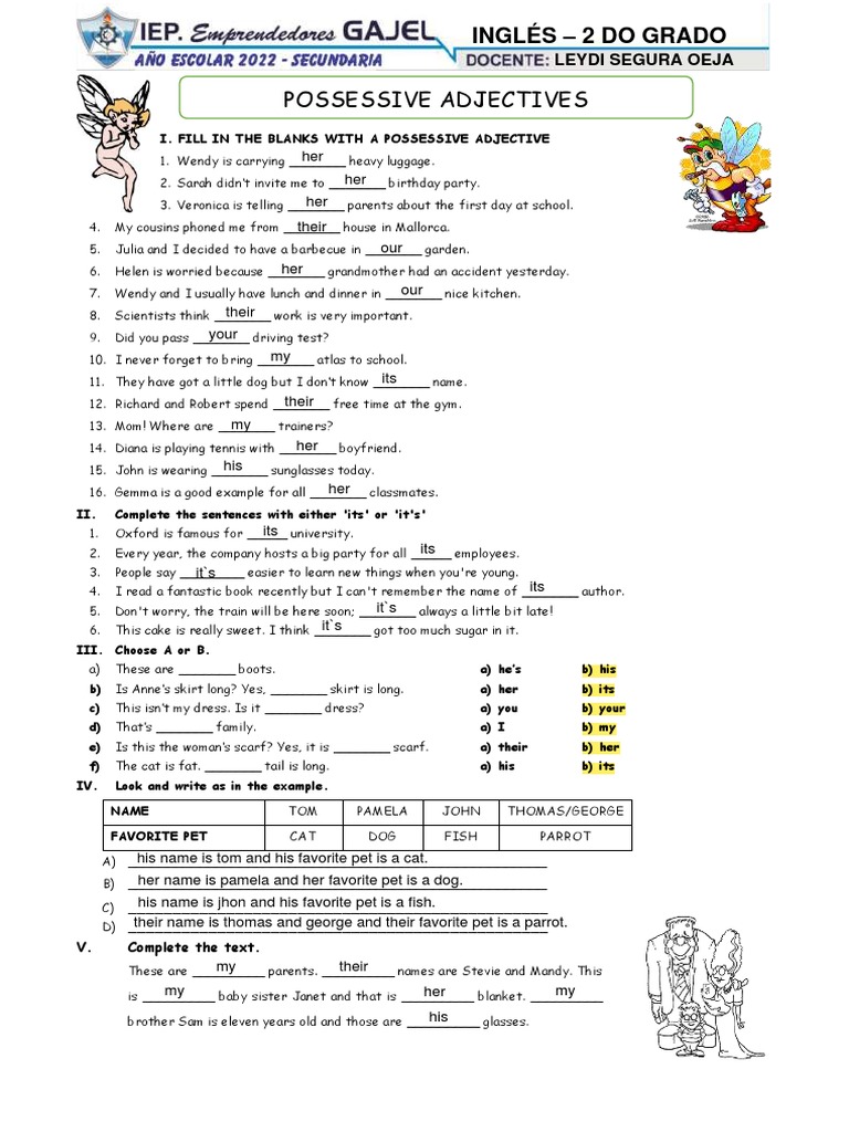 Possessive Adjectives Ficha de Trabajo de 2° | PDF