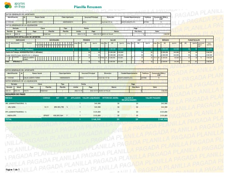PLANILLA EPS ARL CARLOS ALBERTO TORRES | PDF | Bancarrota | Insolvencia