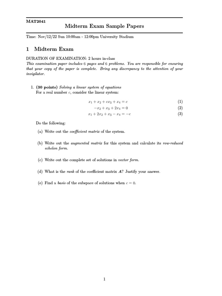 MAT2041 Midterm Sample 221109 074436 | PDF | Matrix (Mathematics) | Vector Space