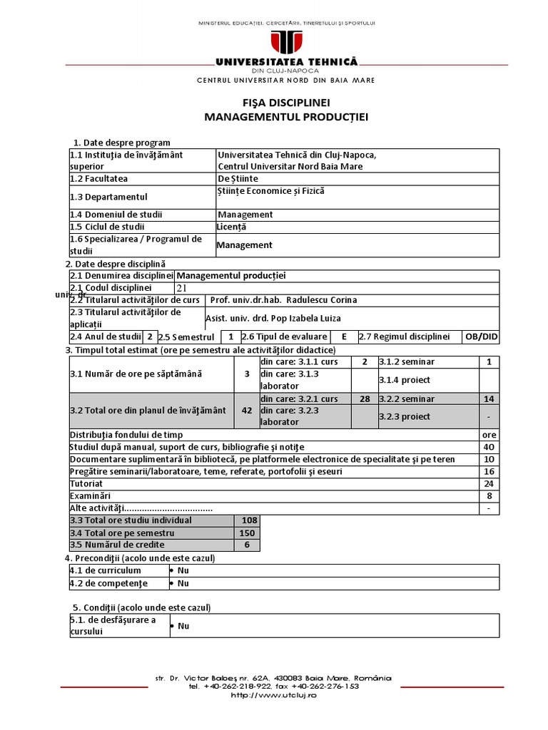 Managementul Productiei - Fisa Disciplina | PDF