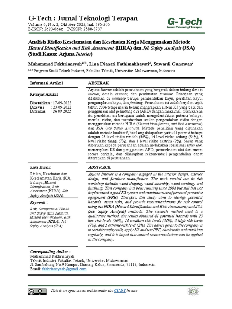 G-Tech: Jurnal Teknologi Terapan: Hazard Identification and Risk Assessment (HIRA) Dan Job ...