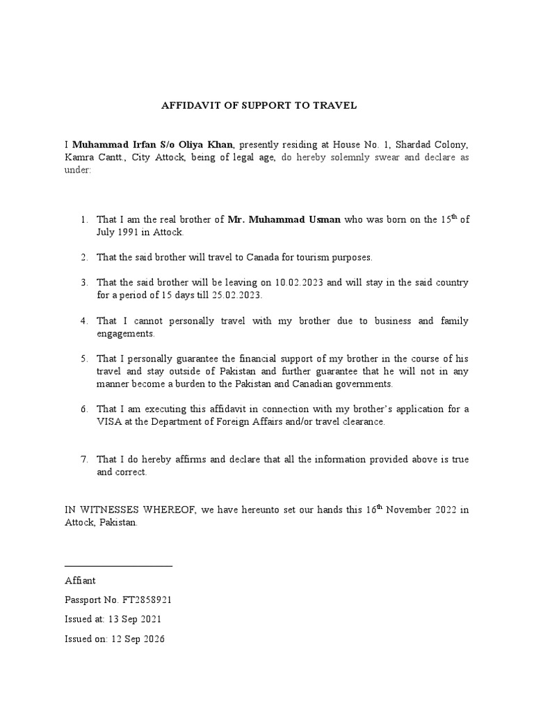Affidavit of Support To Travel | PDF