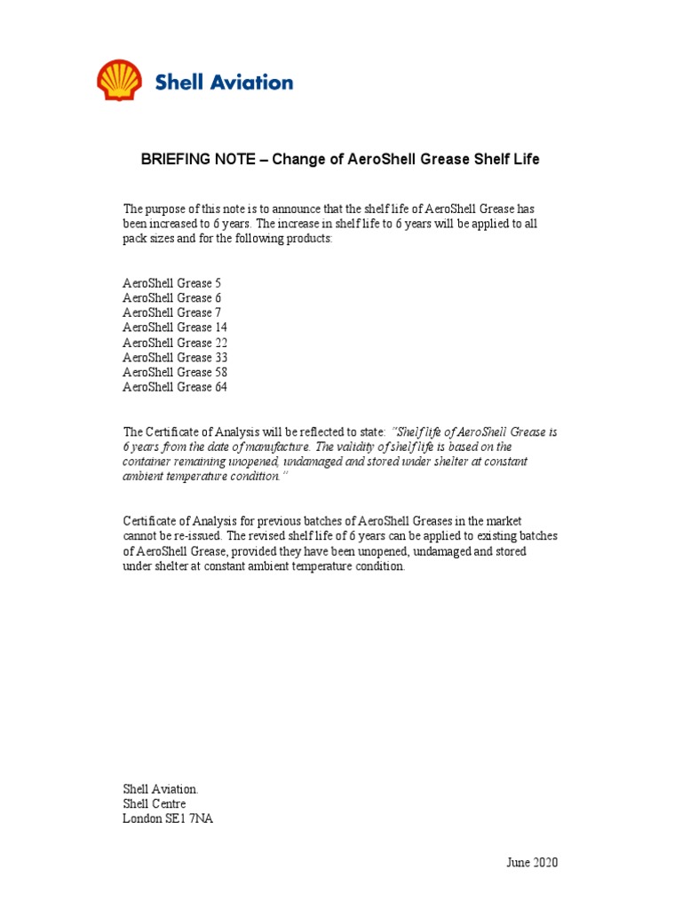 Shelf Life AEROSHELL 3 TO 6 YEARS | PDF