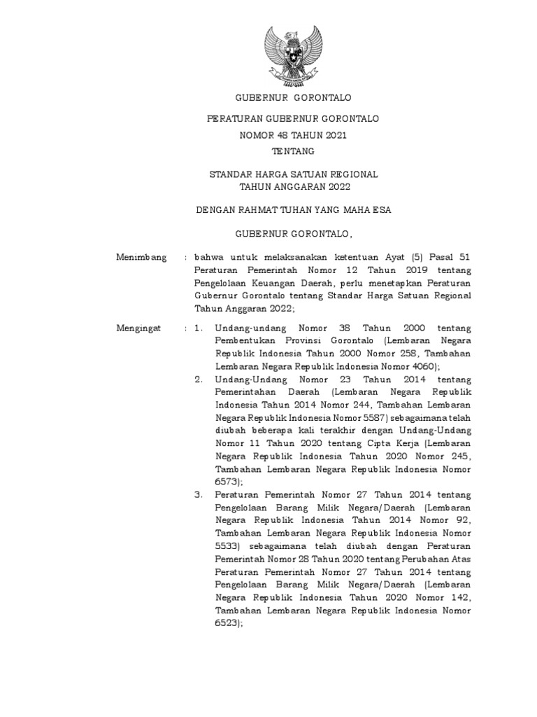 Pergub No.48 TH 2021 TTG Standar Harga Satuan Regional TA 2022 | PDF