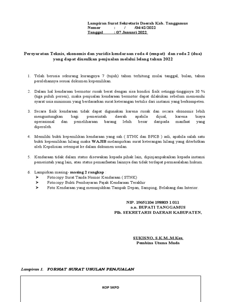 Lampiran Surat Pemberitahuan Lelang Aset | PDF