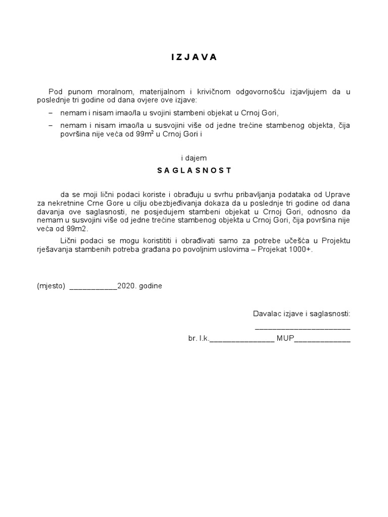 Izjava I Saglasnost Jednoclano Domacinstvo | PDF