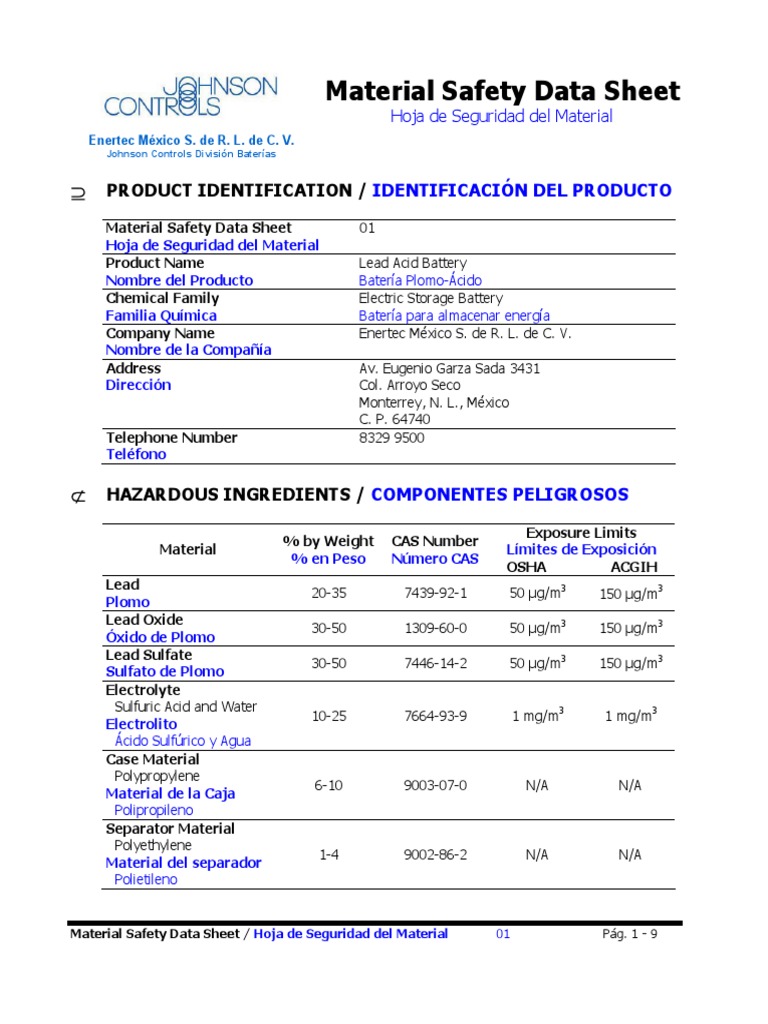 Hoja de Seguridad de Baterías LTH | PDF | Química | Materiales Hoja de Seguridad de Baterías LTH | PDF | Química | Materiales