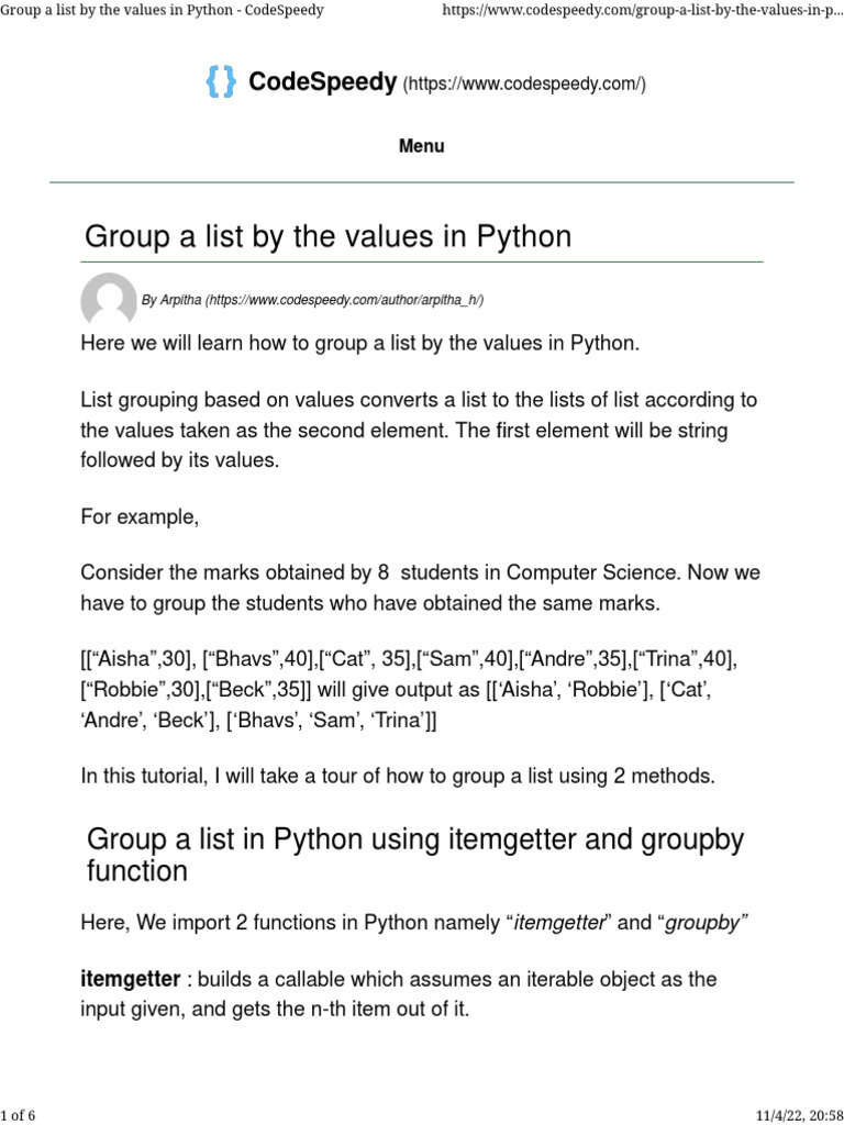 Group A List by The Values in Python - CodeSpeedy | PDF