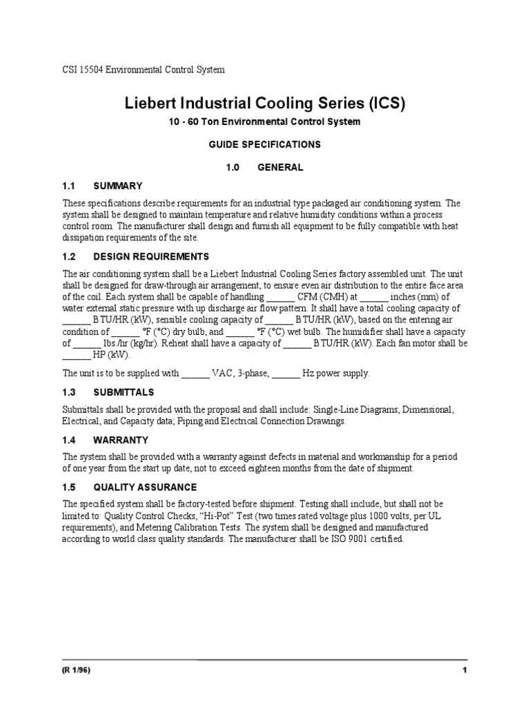 Liebert Industrial Cooling Series (ICS) : 10 - 60 Ton Environmental Control System Guide ...
