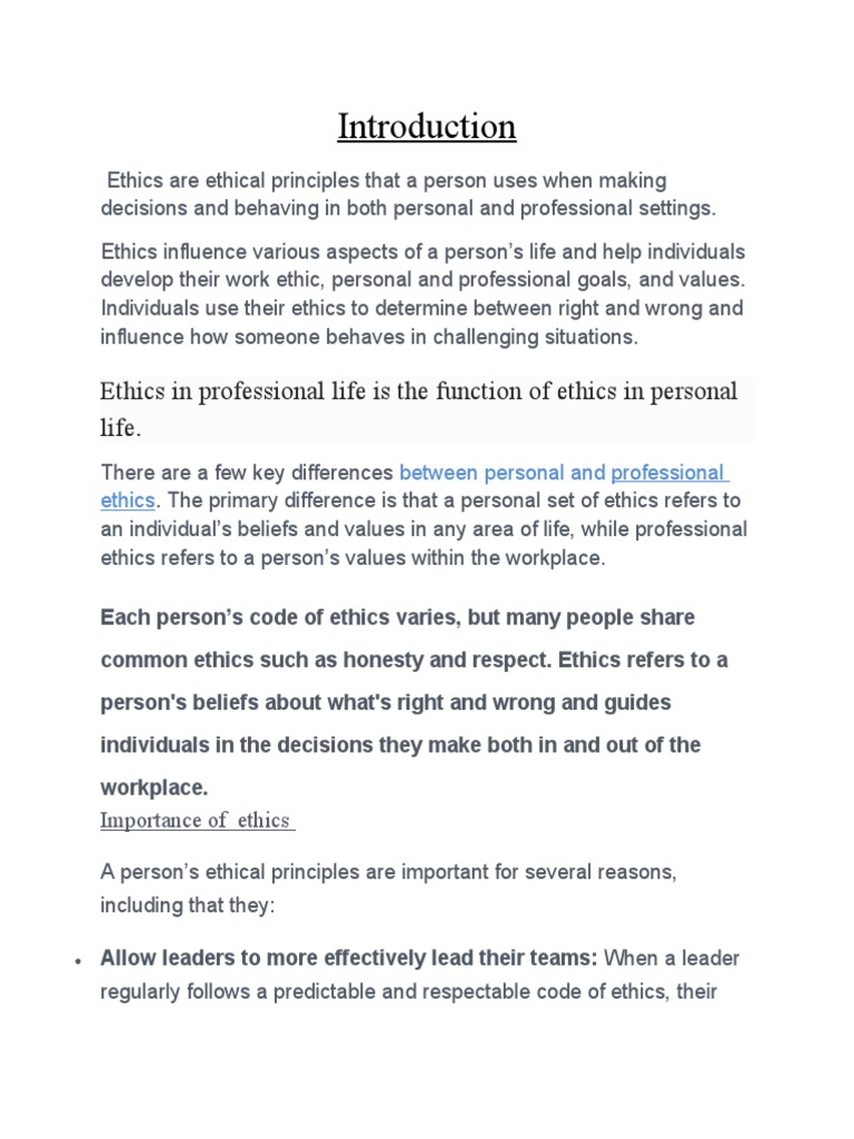 Role of Ethics in Personal and Professional Life | PDF | Professional ...