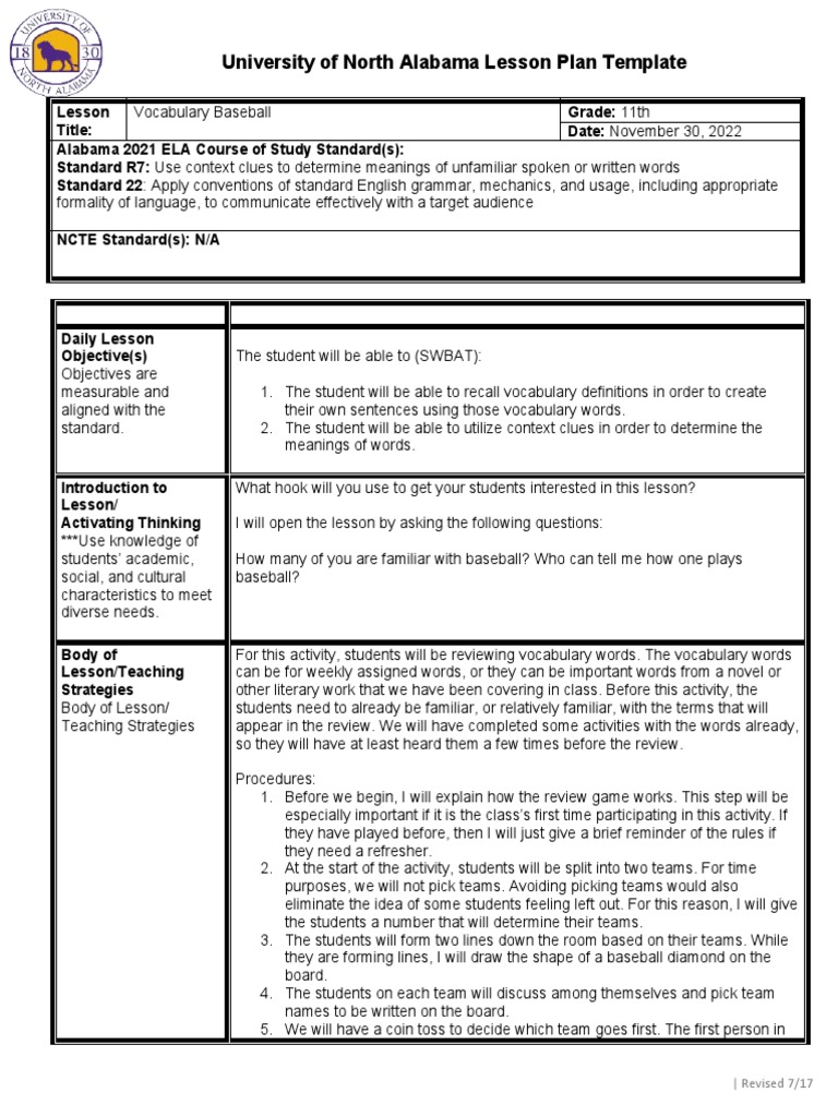 Vocabulary Baseball Lesson Plan | PDF