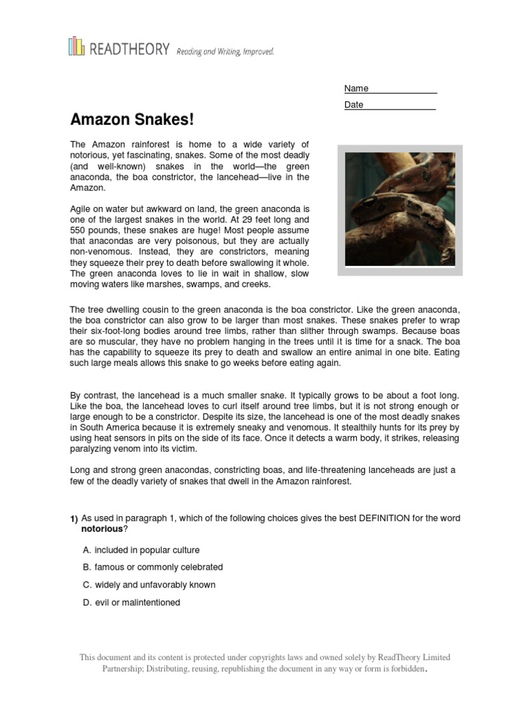 9th Grade Amazon Snakes Text - Questions | PDF