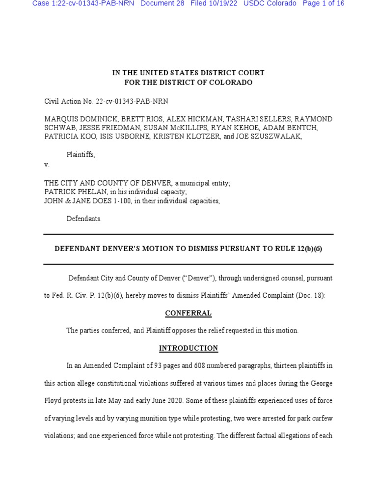Dominick v. City of Denver: Motion To Dismiss | PDF | Ashcroft V. Iqbal ...