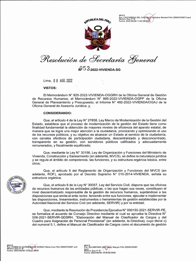 RSG 053-2022-Vivienda-Sg PDF | PDF | Estado (política) | Gestión de recursos humanos