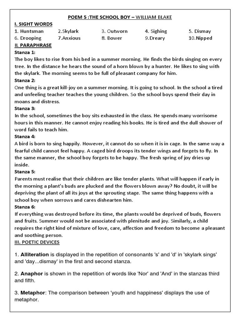 CL 8. Pm. 5. The School Boy | PDF