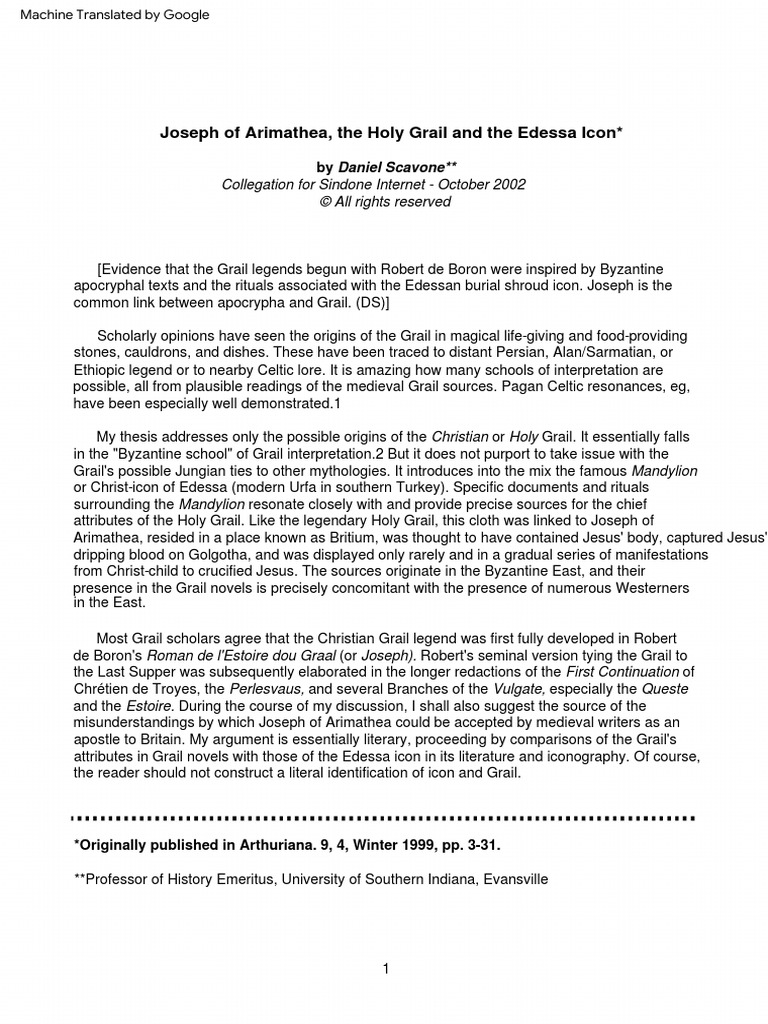 Daniel SCAVONE Joseph of Arimathea The Holy Grail and The Edessa Icon ...