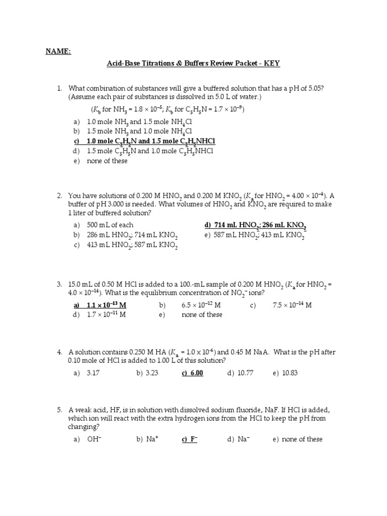 Acid, Base Titration Review Packet - KEY | PDF
