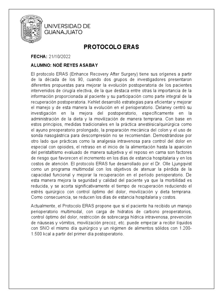 Protocolo Eras | PDF | Perioperatorio | Medicina CLINICA