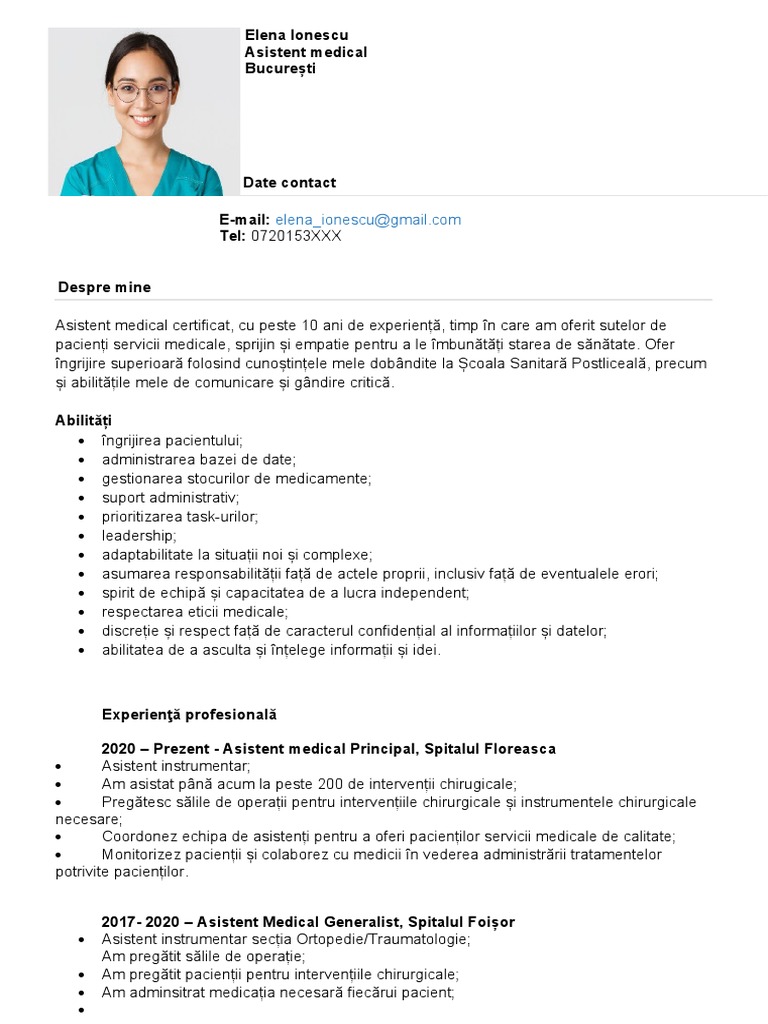 Model CV Completat Aptitudini Asistenta Medicala 1 | PDF