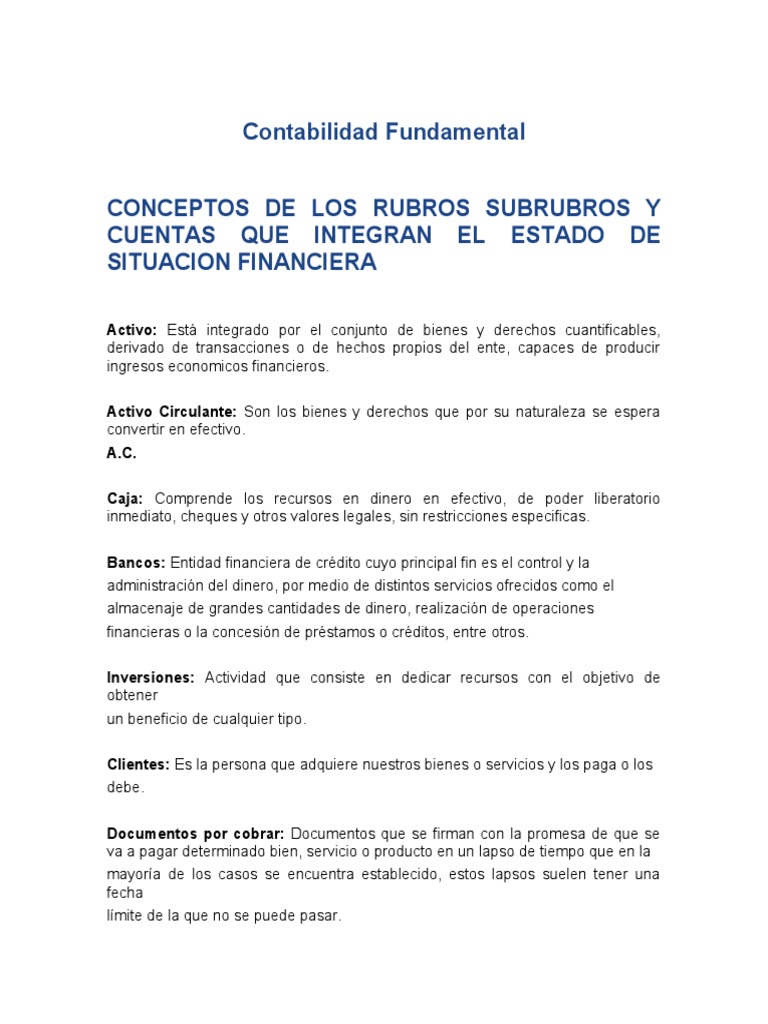 Conceptos de Los Rubros Subrubros y Cuentas Que Integran El Estado de ...