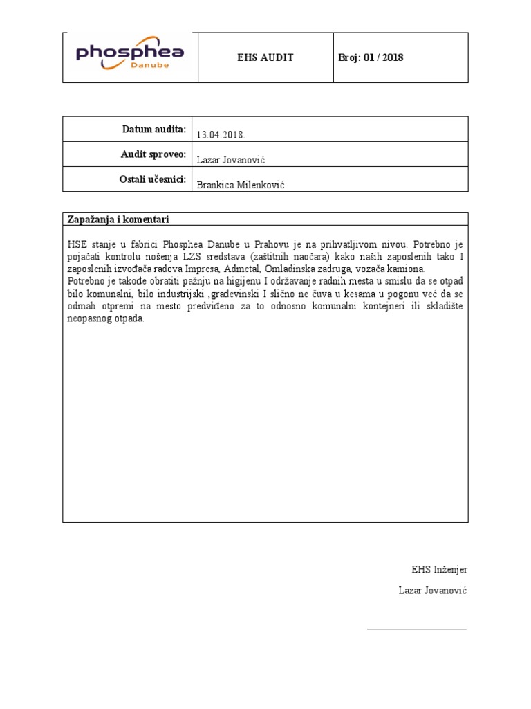 EHS Check Lista - 01-2018 | PDF