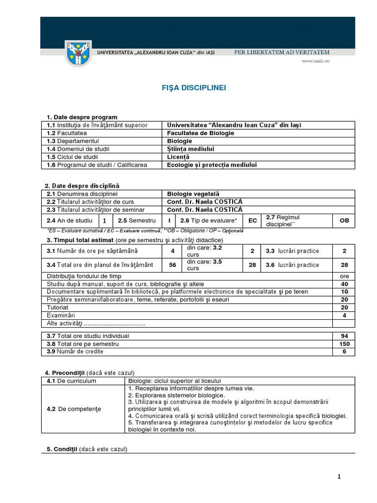 Fise Discipline Licenta Fise Discipline Ecologie | PDF