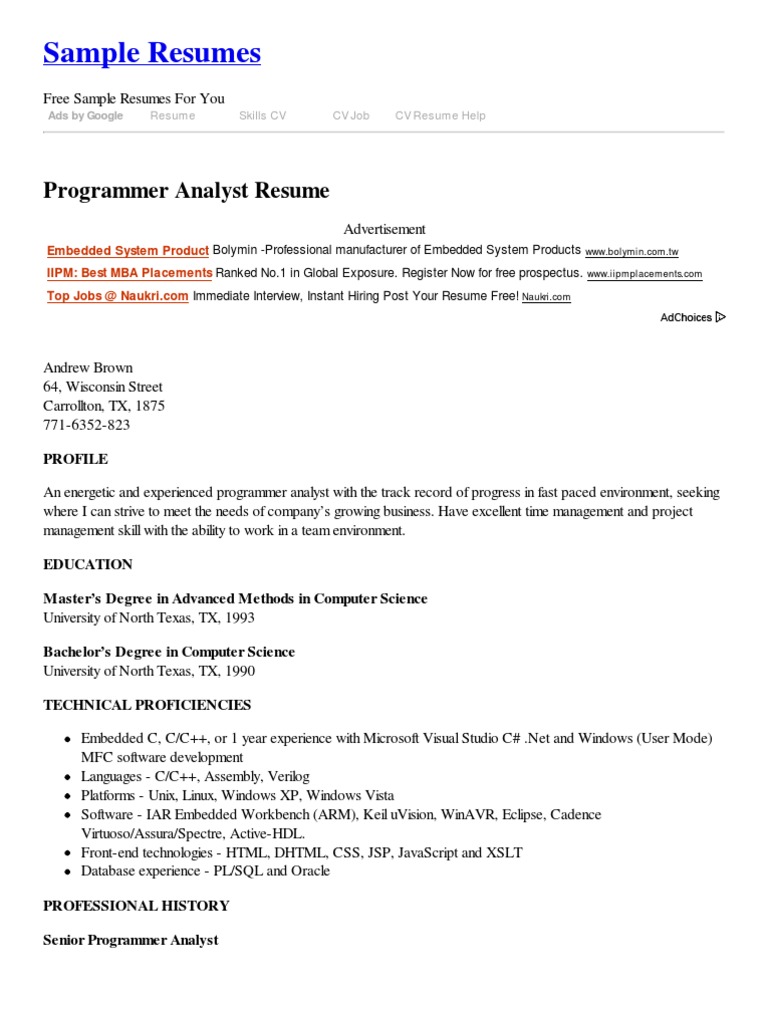 Sample Resumes: Programmer Analyst Resume | PDF | Résumé | Programmer