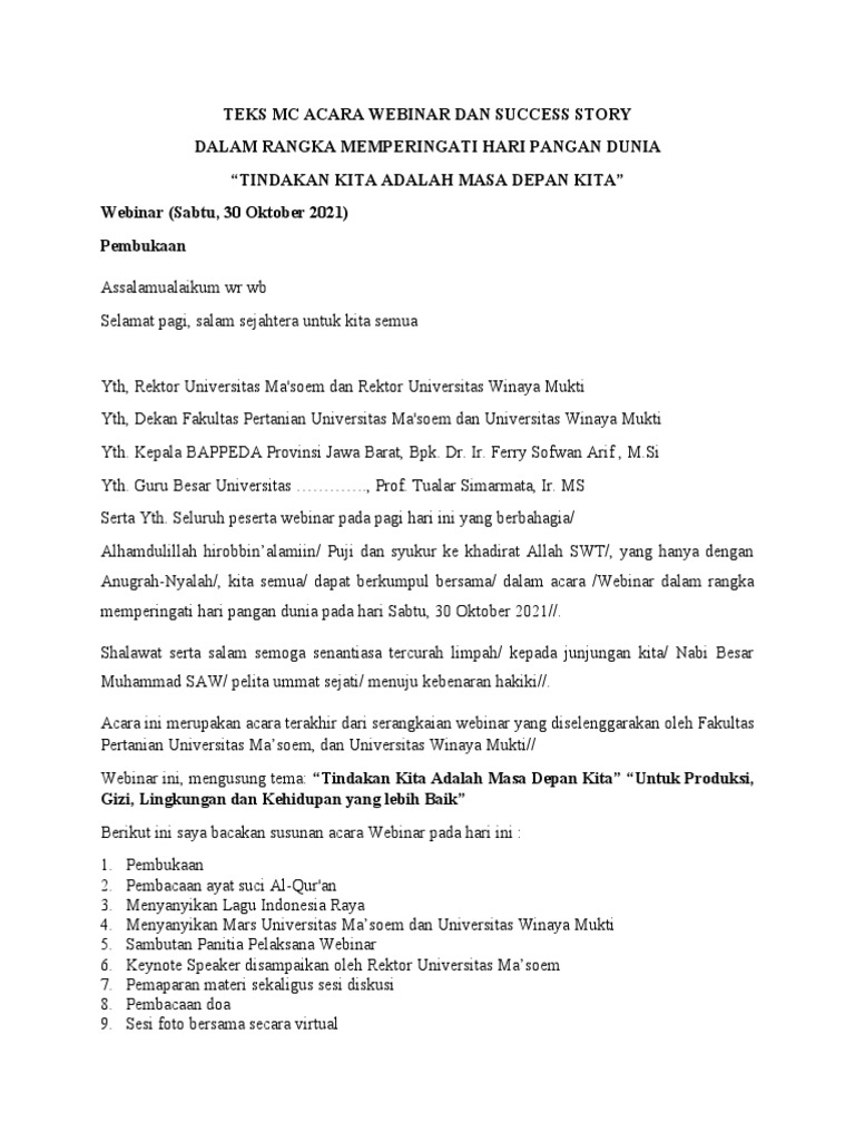 Teks MC Webinar Faperta 2021 | PDF