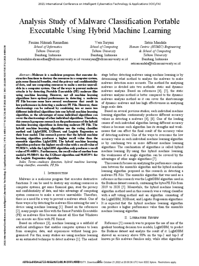 Analysis Study of Malware Classification Portable Executable Using Hybrid Machine Learning | PDF ...