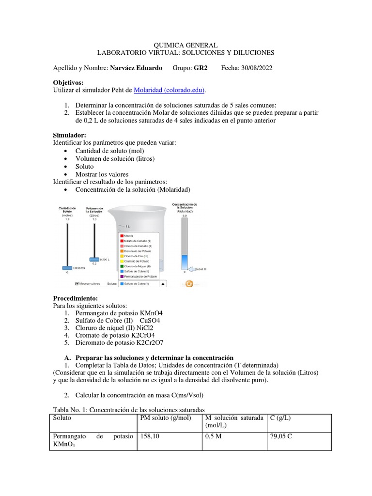 Laboratorio Simulacion Soluciones Químicas - Eduardo Narvaez | PDF | Concentración | Compuestos ...