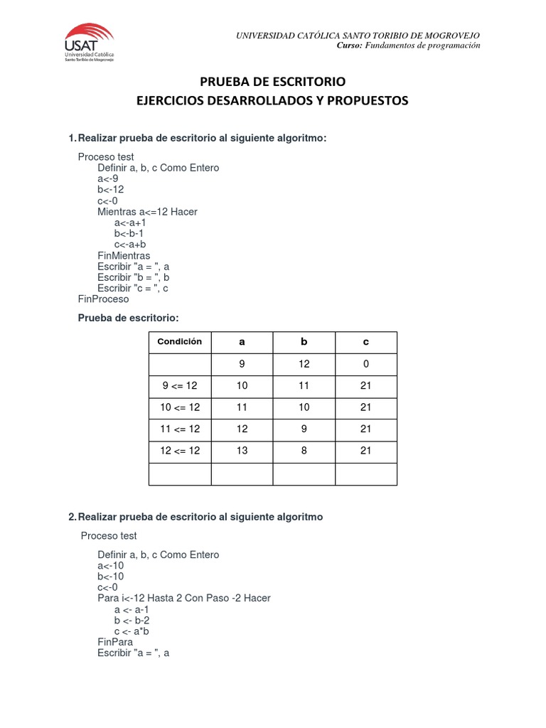 Prueba de Escritorio - Ejercicios Desarrollados y Propuestos | PDF | Programación de ...