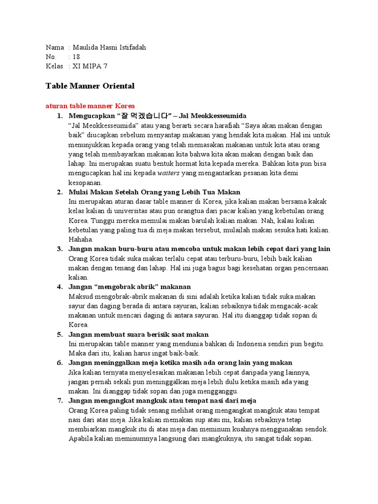 Table Manner Oriental - Maulida - 18 | PDF