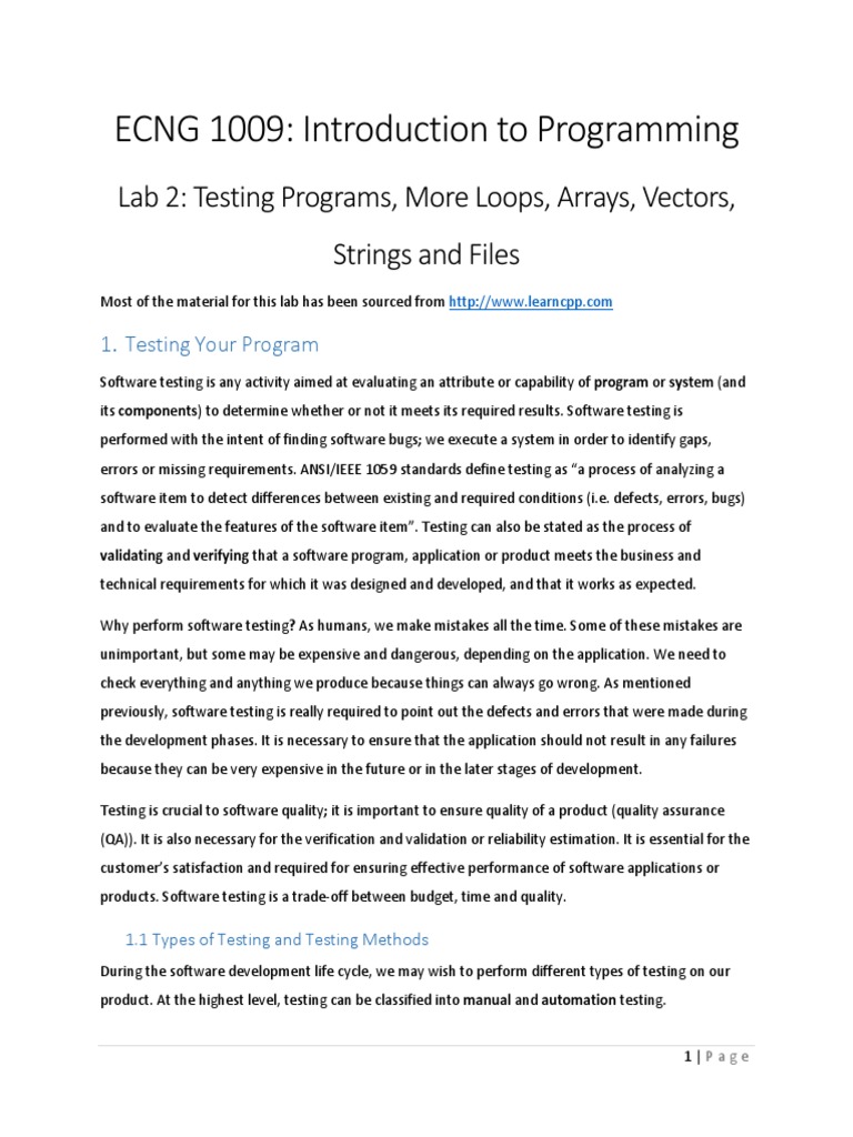 Ecng 1009 Lab 2 Yr 2020 Pdf Software Testing Array Data Structure