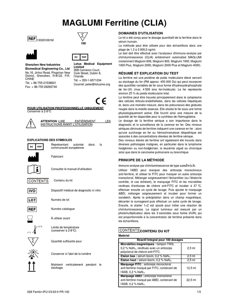 MAGLUMI Ferritine (CLIA) : Domaines D'Utilisation | PDF