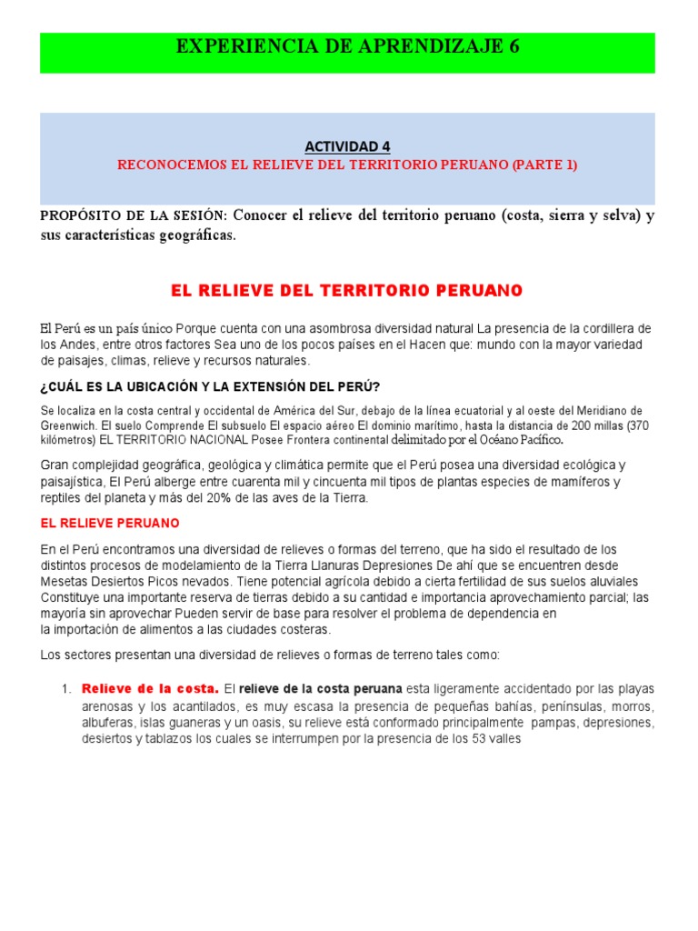 El Relieve Del Territorio Peruano (Costa, Sierra y Selva) | PDF | Andes ...