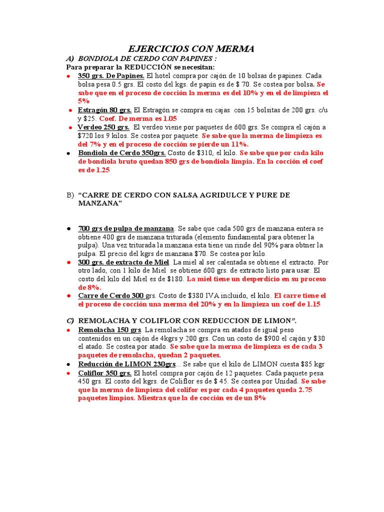 Ejerccios de Merma 2 | PDF | Alimentos